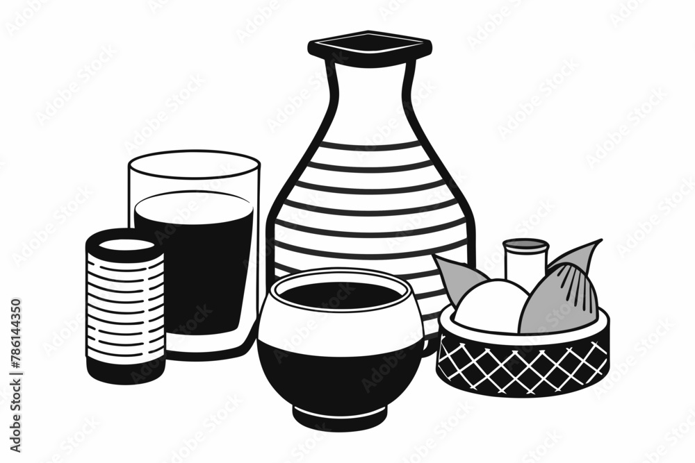 Black and white line drawing of sake cup, sake pitcher, traditional ...