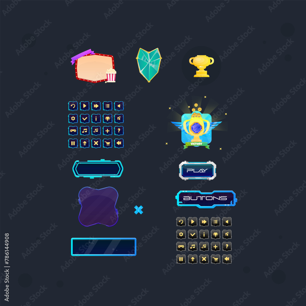 Game UI Set Of Sci Fi Buttons Pop Ups Awards Achievements Golden Cup ...