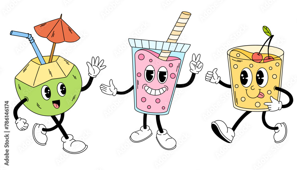 Groovy cocktails set. Hand draw Funny Retro vintage trendy style summer ...