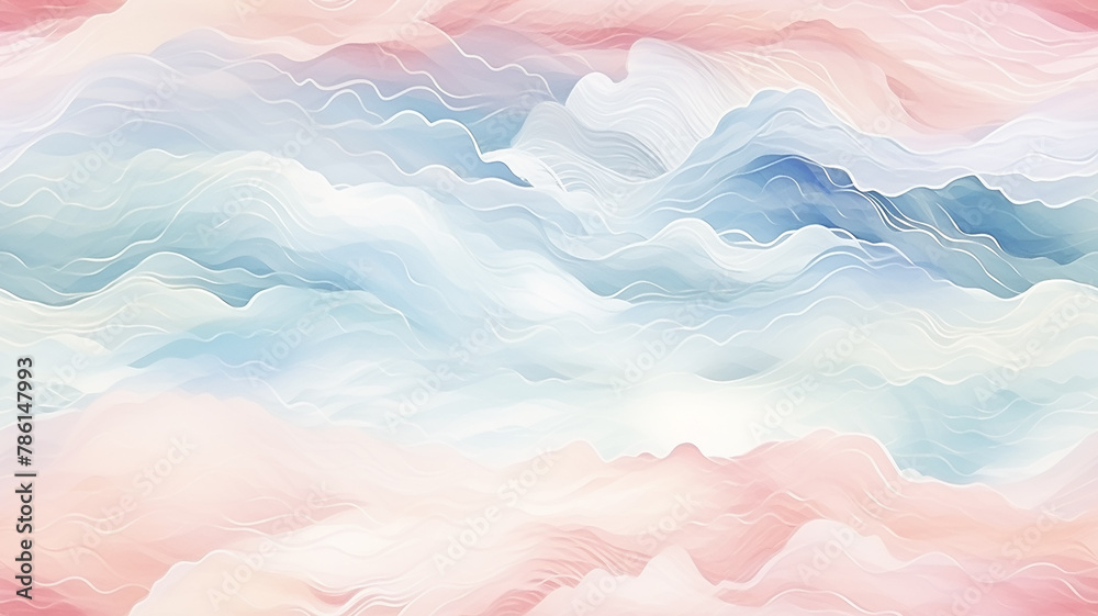 Blue and pink sea waves during a storm, background image in watercolor ...