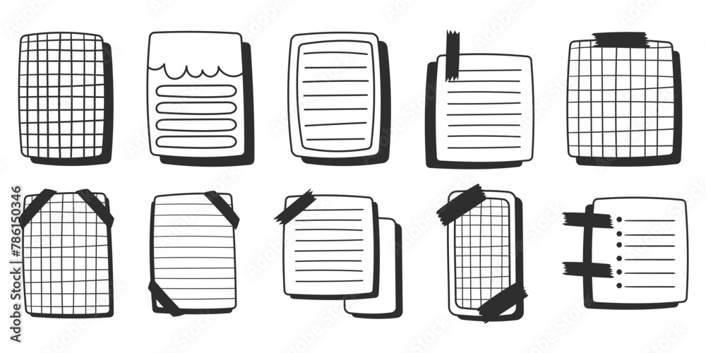 Paper sheets sticker collection in comics style, doodle black and white ...