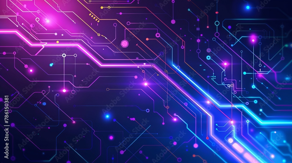 2D flat UI design, neon blue and purple gradient color circuits lines ...