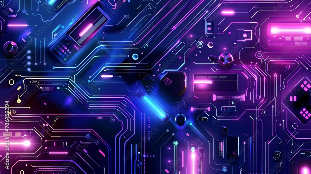 2D flat UI design, neon blue and purple gradient color circuits lines ...