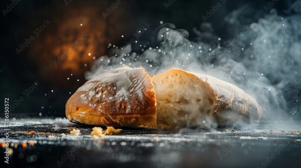 A piece of bread is on a table with a lot of smoke. The bread is half ...
