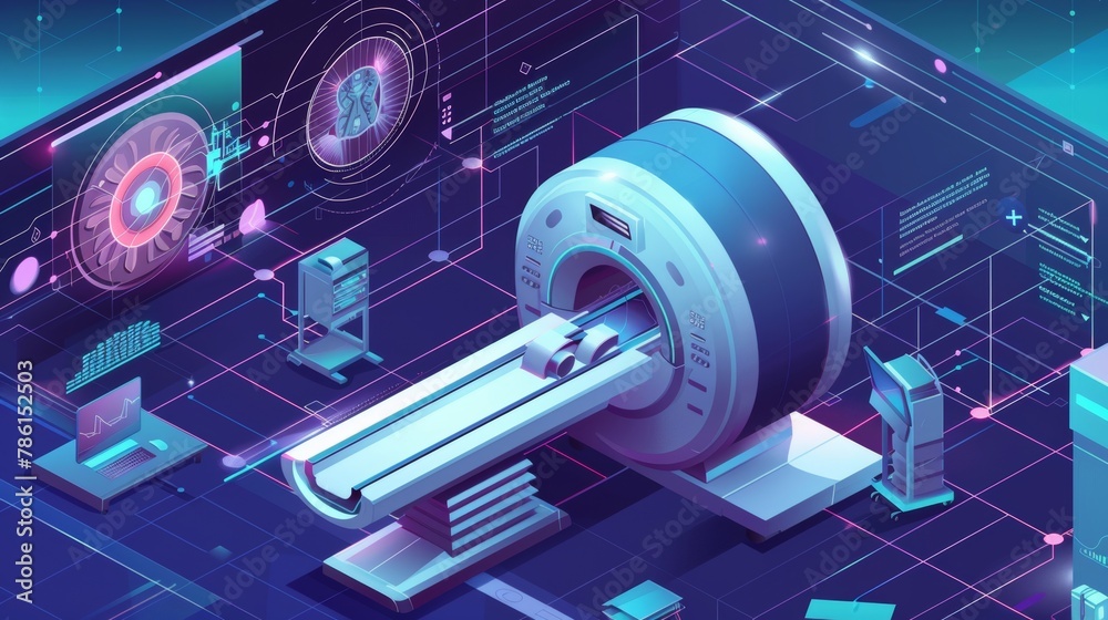 An illustration of an MRI scanner and computer in a hospital or clinic ...