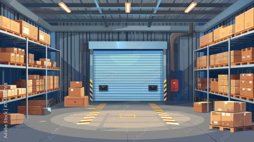Cartoon illustration of a warehouse interior with workers, pallets ...