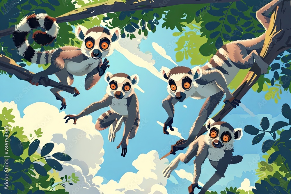 Cartoon troop of lemurs practicing their acrobatic skills in the ...