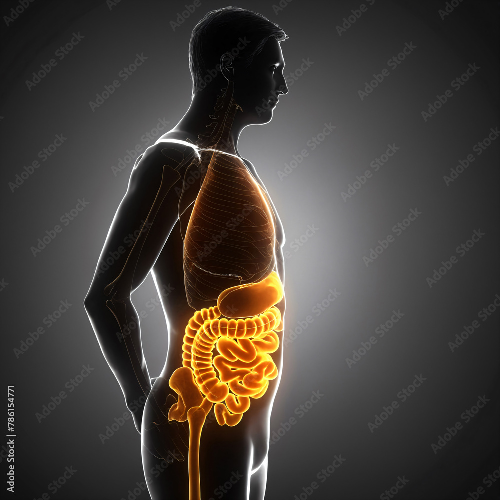 An illustration showing the location of intestine part of digestive ...