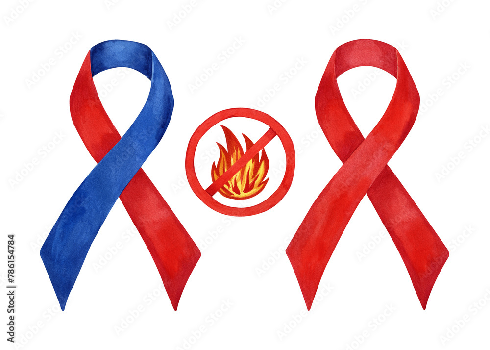 Watercolor red and blue ribbons with fire set. Symbol of International ...