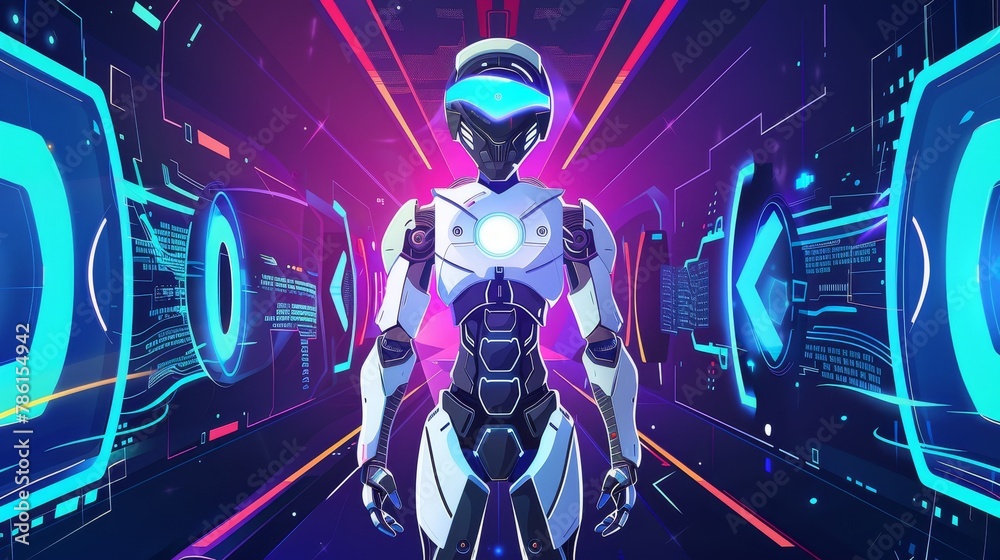 Robot with artificial intelligence on neon glow hud technological ...