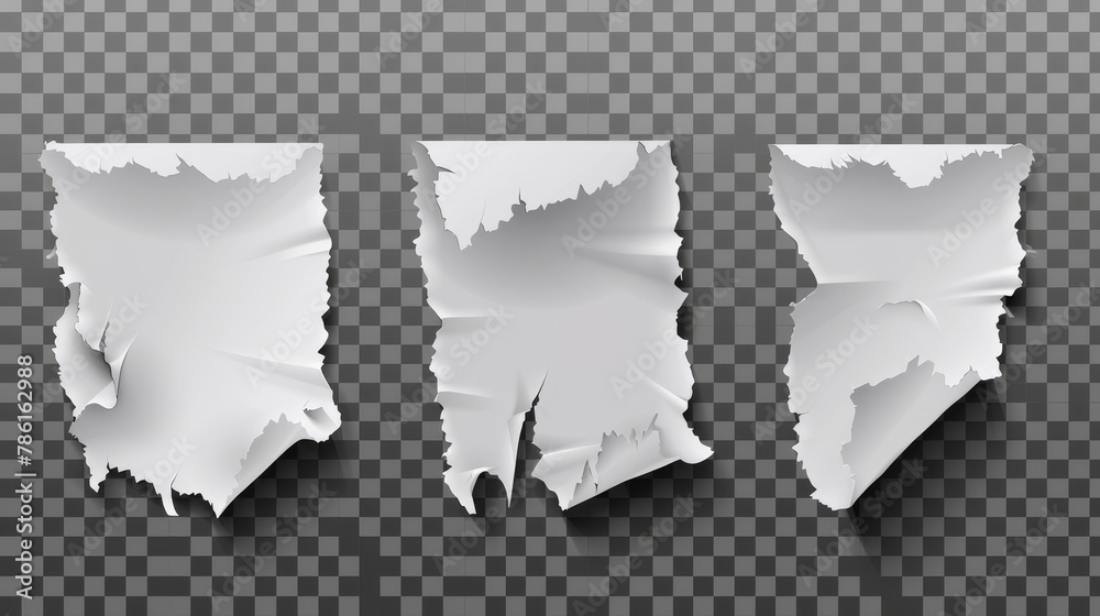 Pages with torn edge curves and gaps, ripped white sheets, teared and ...