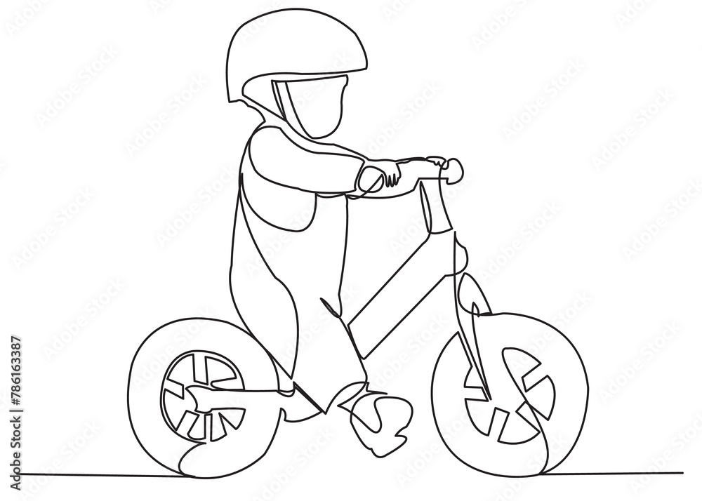 continuous single drawn one line child on a bicycle, a bicycle without ...