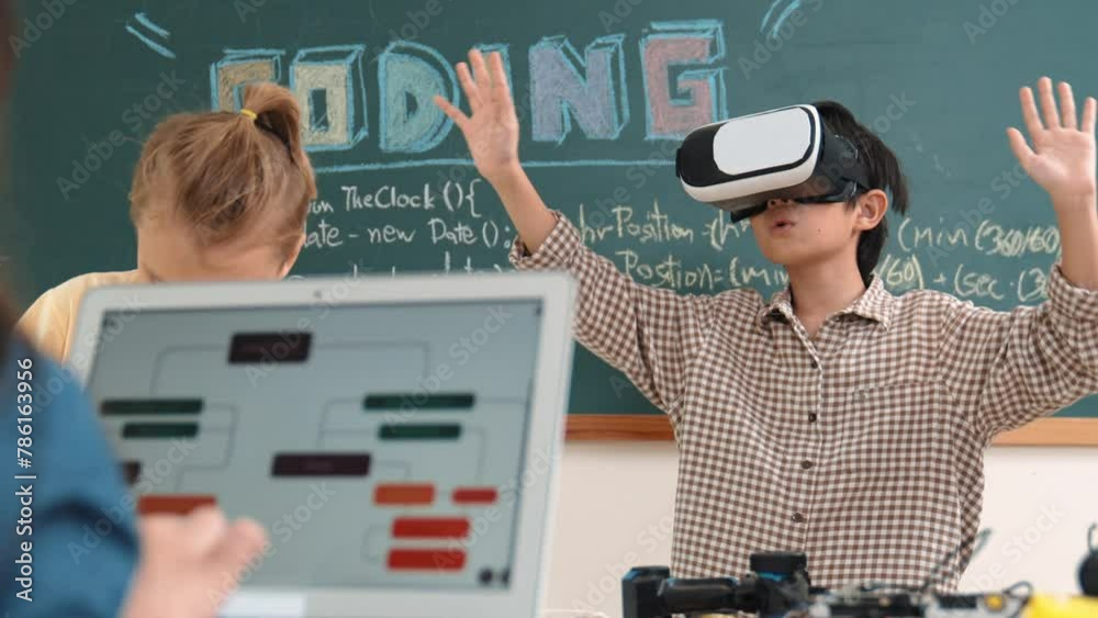 Energetic child wearing Vr headset while enter virtual world at ...