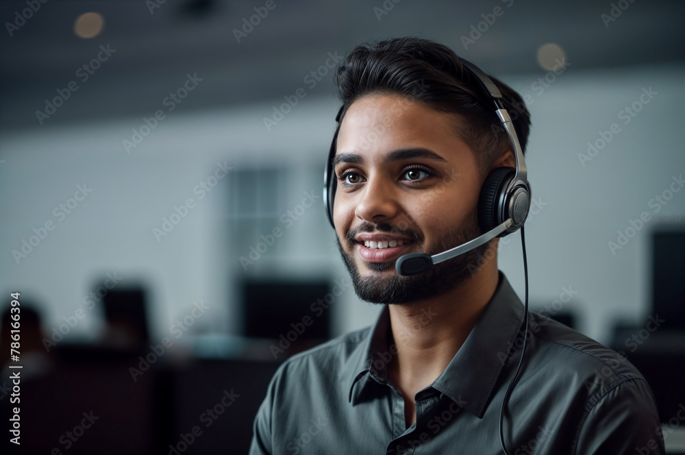 Indian customer service representative speaks through a headset. male ...