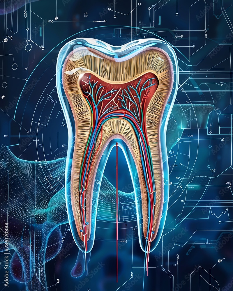 Human tooth cross section anatomy on scientific background , 3d render ...