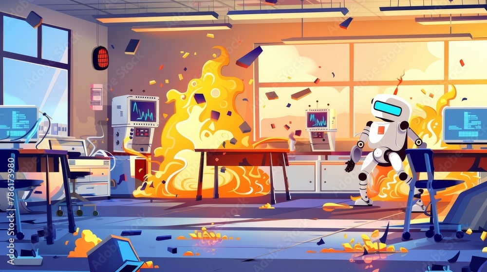 There is a fire in a science lab with a robot for research modern ...