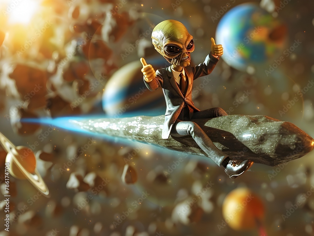 Jovial Alien Businessman Surfing through the Solar System on a Comet ...