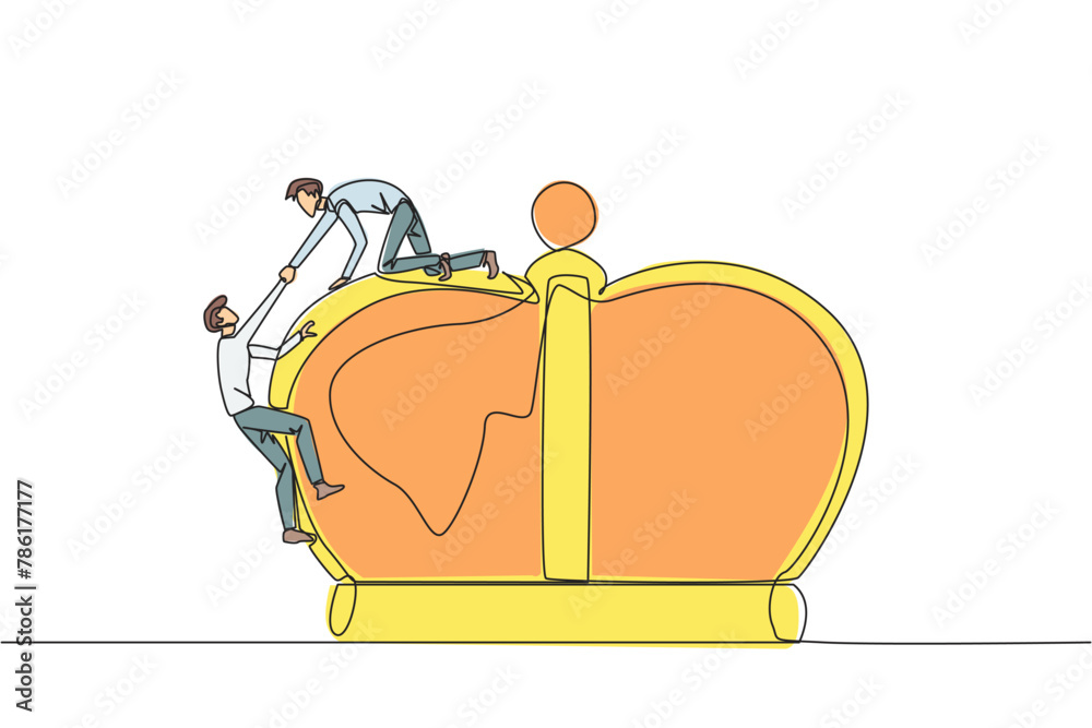 Single one line drawing businessman helps partner climb the big crown ...