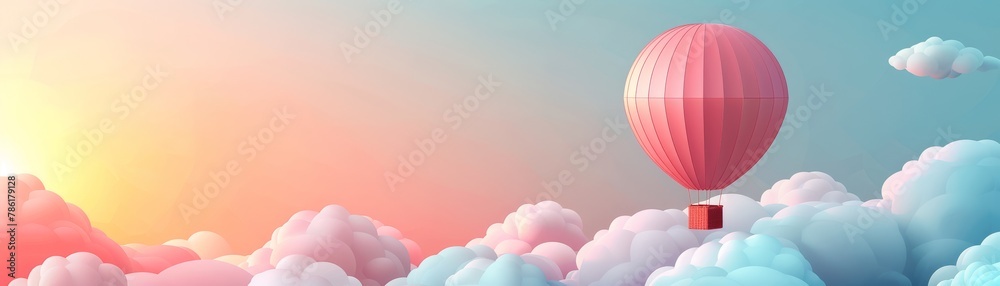 Minimal illustration of a hot air balloon floating amongst pastel cloud with Text space on the ...
