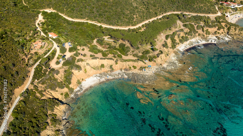 Aerial view of Bega Sa Canna beach near Porto Flavia in southern ...