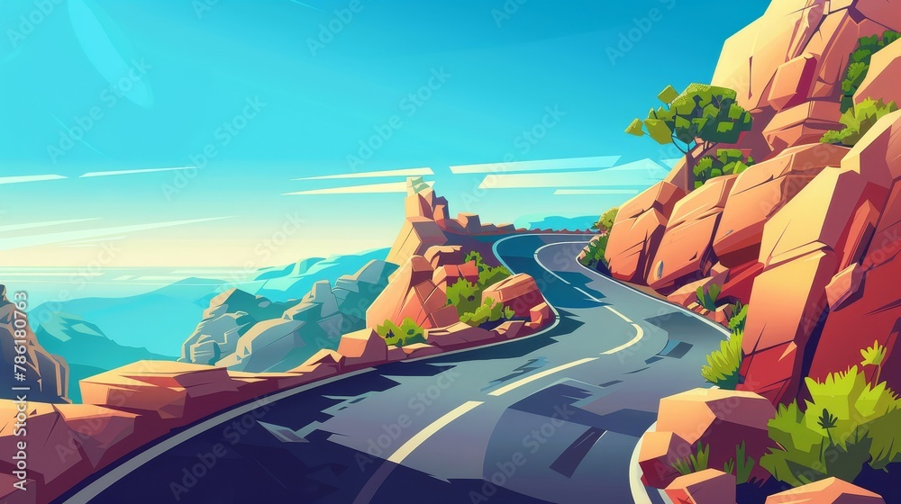 Modern cartoon illustration of steep mountain road with sharp turns ...