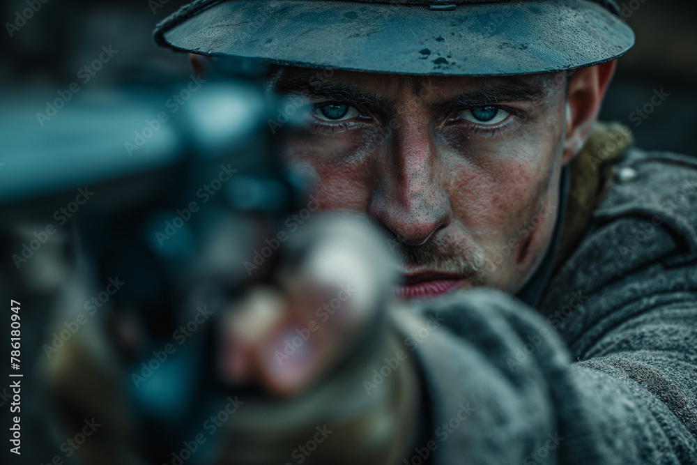 World War 1 soldier military aiming Colt M1911 to camera Stock ...