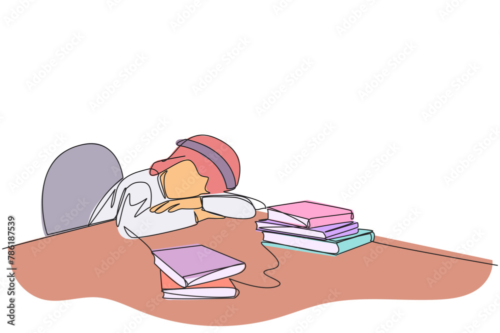 Continuous one line drawing Arabian man asleep at the table where there ...