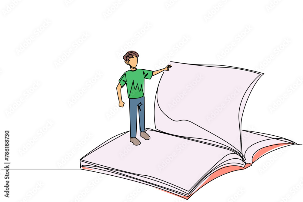 Continuous one line drawing man standing over open ledger turning the ...
