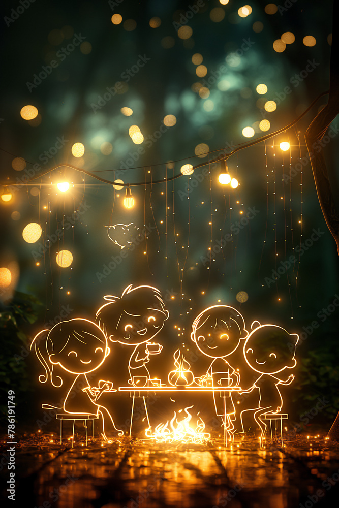 A white line art stick figure of boy and girls with a smile on them ...