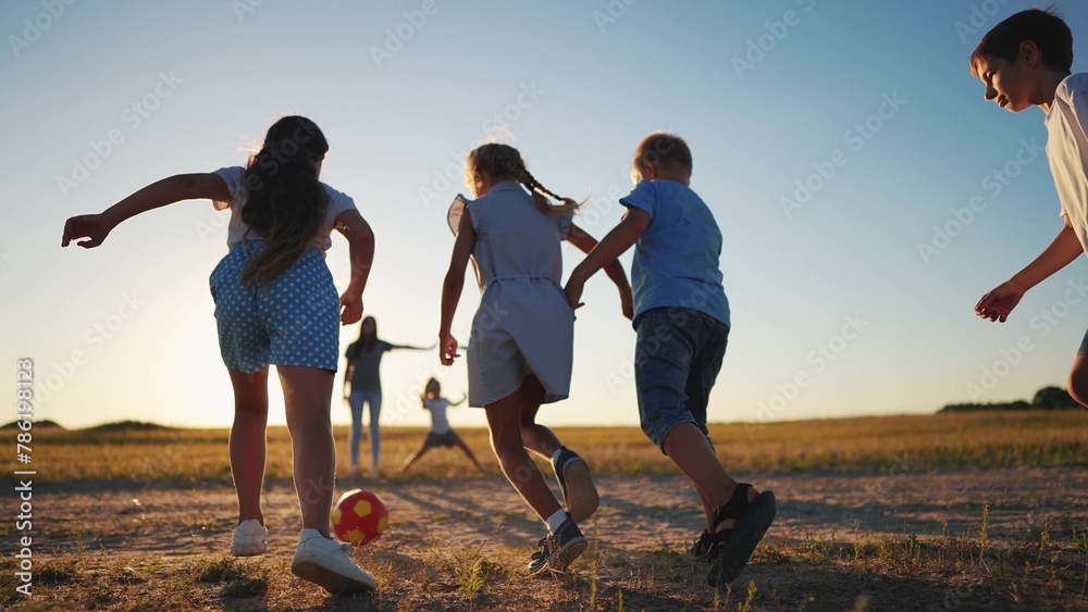 happy family playing ball in the park. a group of children playing ball in nature. happy family ...