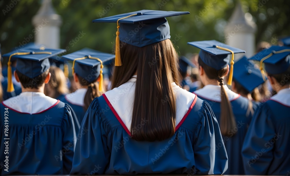 Boys and girls of graduates in blue caps and gowns standing in a line ...