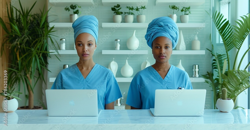 two beautiful female doctors smile at the reception desk at the ...