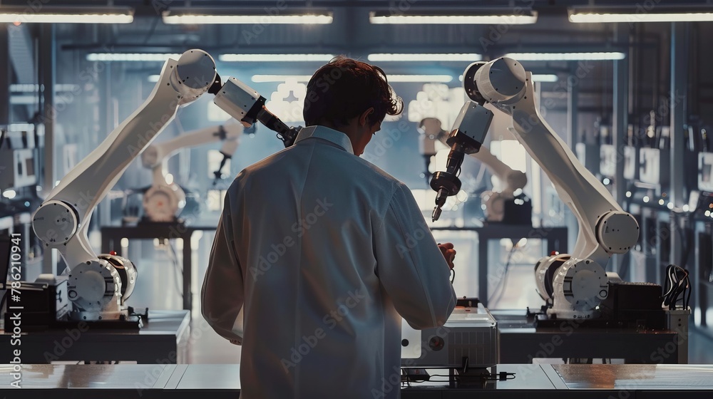 An industrial engineer manages automation robot arms in a factory ...