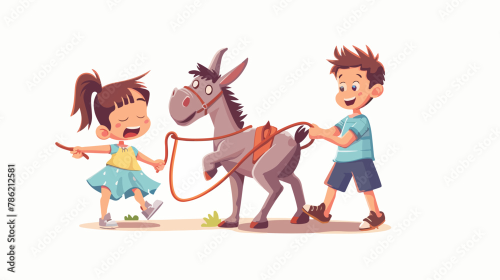 Smiling preschool kids boy pulling stubborn donkey Stock Vector | Adobe ...
