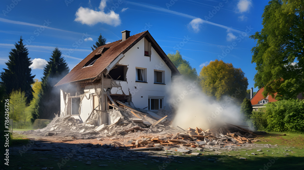 Demolition of building. The excavator breaks the old house. Freeing up ...