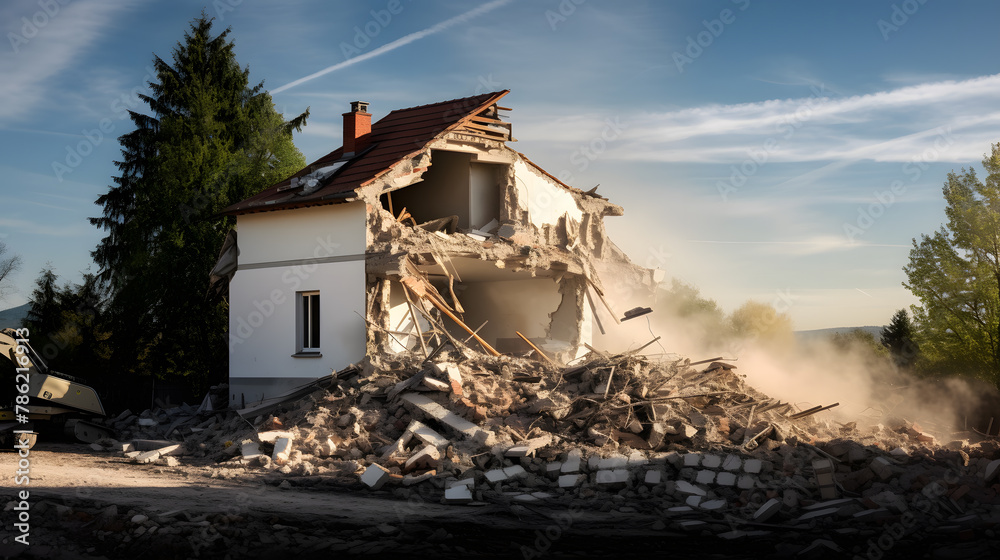 Demolition of building. The excavator breaks the old house. Freeing up ...