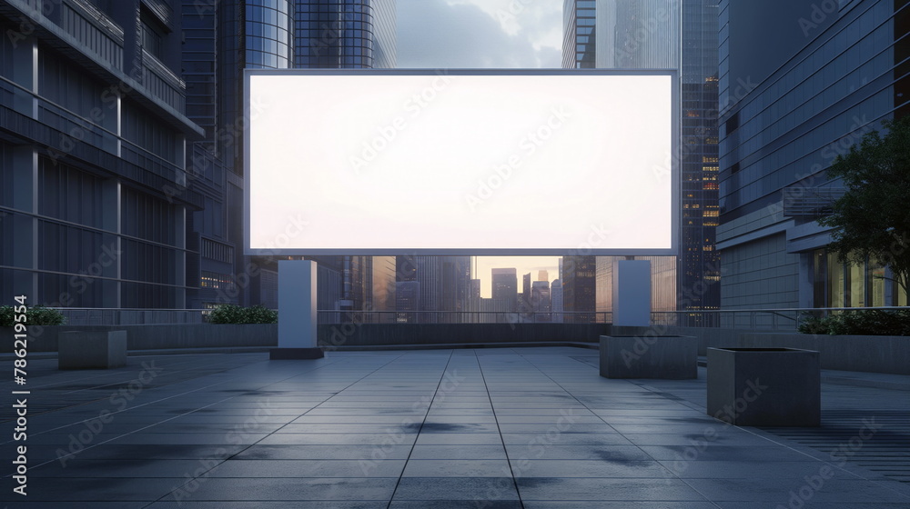Foto de Front facing perspective of empty white billboard mockup for ...