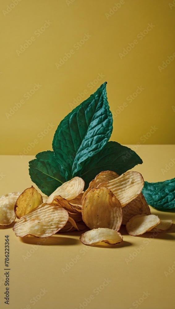 Emerald green and crusty potato chips on mustard yellow background ...