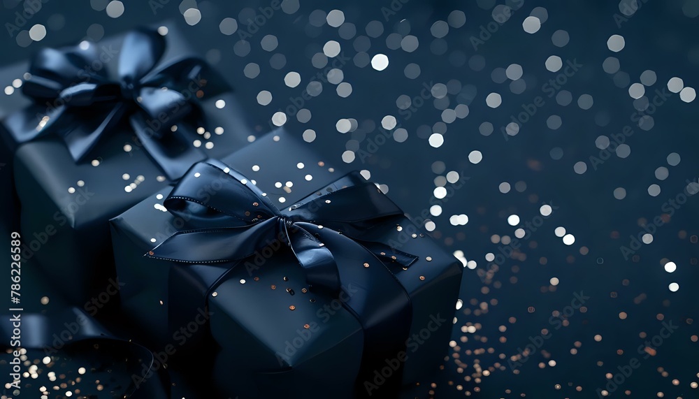 Charming dark blue gift boxes with shiny satin ribbons, star lights in ...