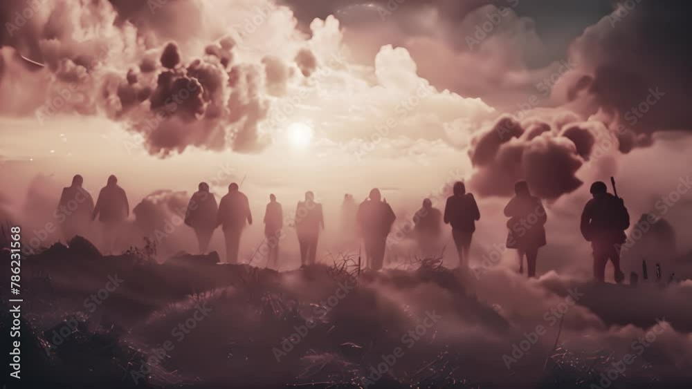 Silhouettes of army soldiers in the fog, marines team in action ...