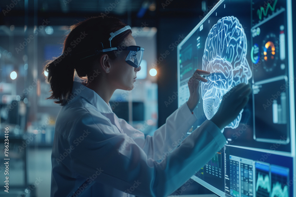 neuroscientist analyzing brain activity data on a futuristic ...
