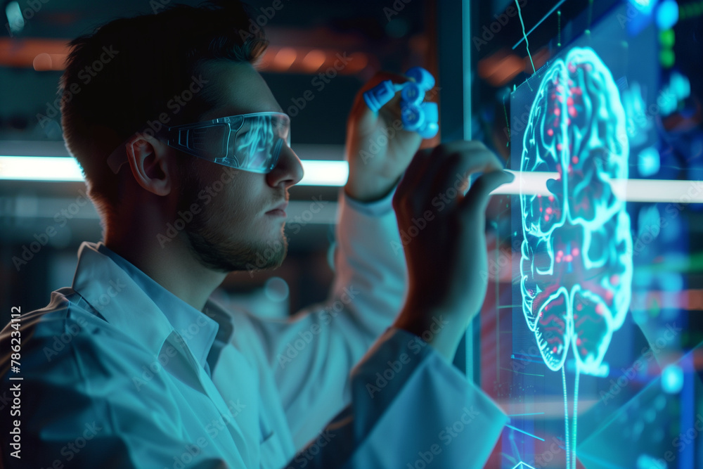 neuroscientist analyzing brain activity data on a futuristic holographic display, highlighting ...