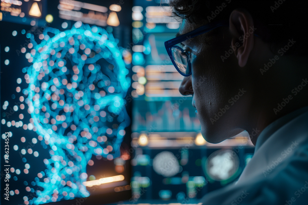 close-up of a neuroscientist analyzing neural data patterns on a ...