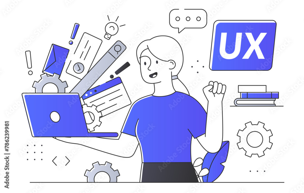 Woman with a laptop and various design elements, symbolizing user ...