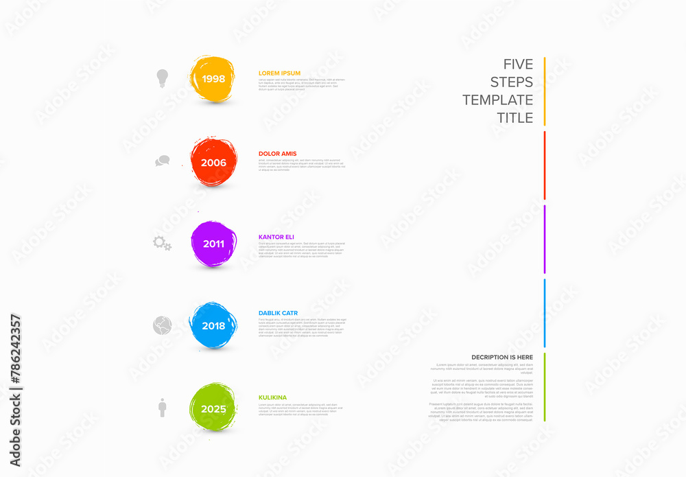 Light infographic vertical timeline template with five brush circle ...