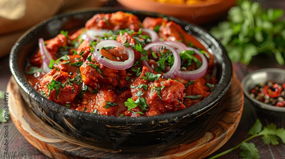 Red dry Indian chicken 65 with onion topping in a bowl of traditional ...