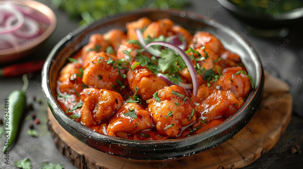 Red dry Indian chicken 65 with onion topping in a bowl of traditional ...