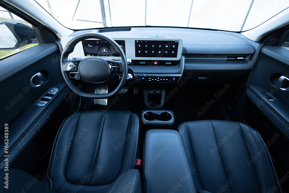 Electric car interior details adjustments. Inside car interior with ...