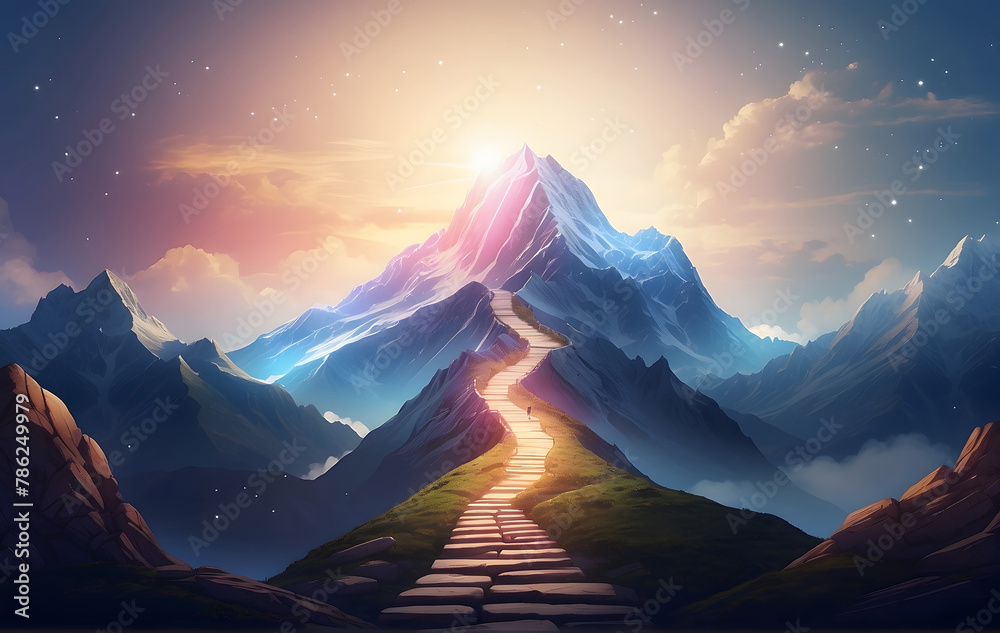 The concept of the path to success, depicted by a glowing light pathway ...