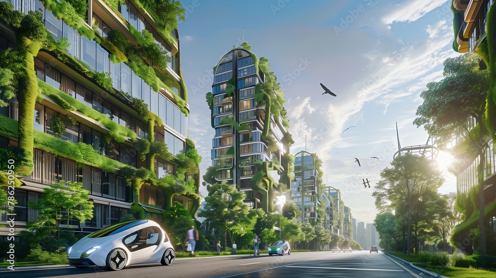 Clean-energy vehicles traverse a modern, green corridor amid towering ...